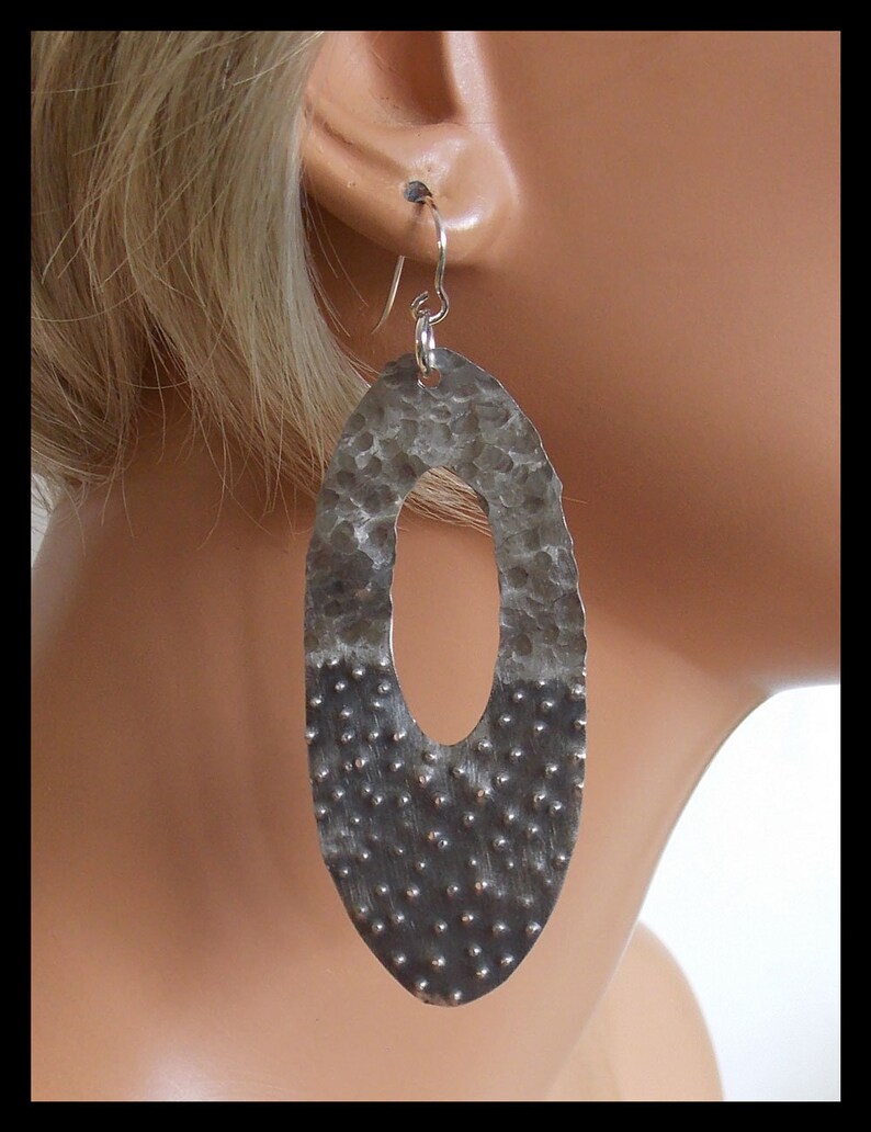 CRISTA - Handforged Dimpled Hammered Oxidized Long Oval Pewter Earrings ...