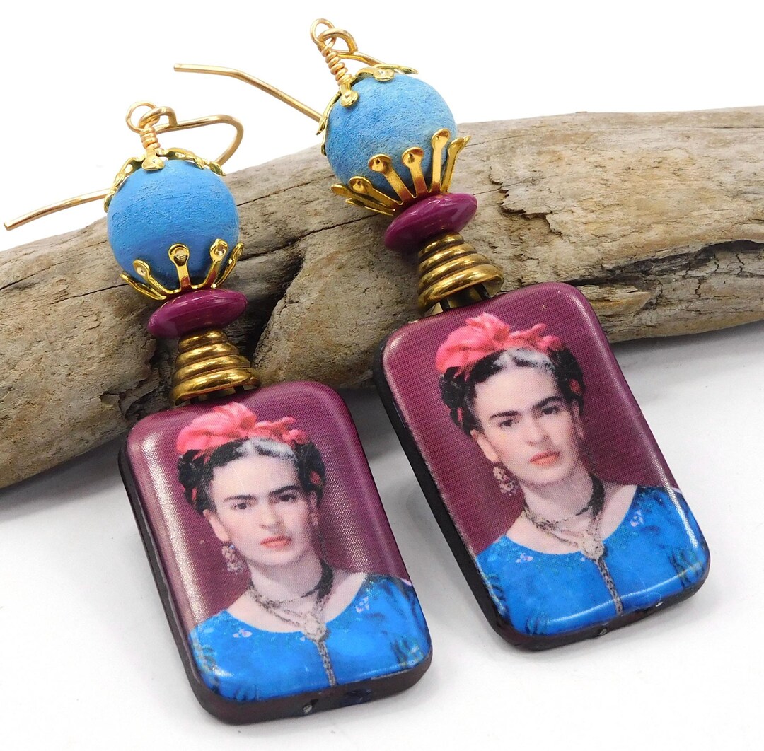 Frida Kahlo Earrings: Artisan Ceramic Charms, Vintage Japanese Beads - Etsy