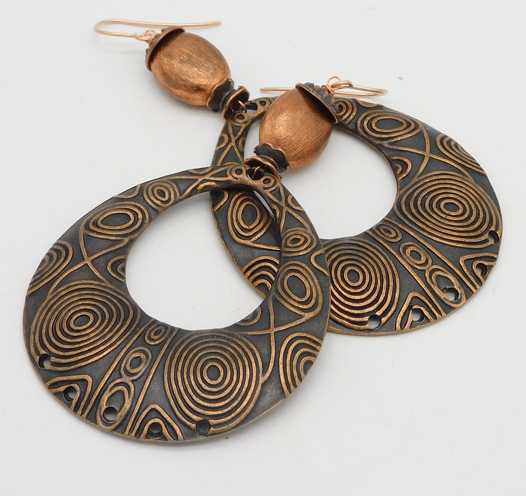 COPPER TRIBAL Etched Patinated Dramatic Statement Earrings - Etsy