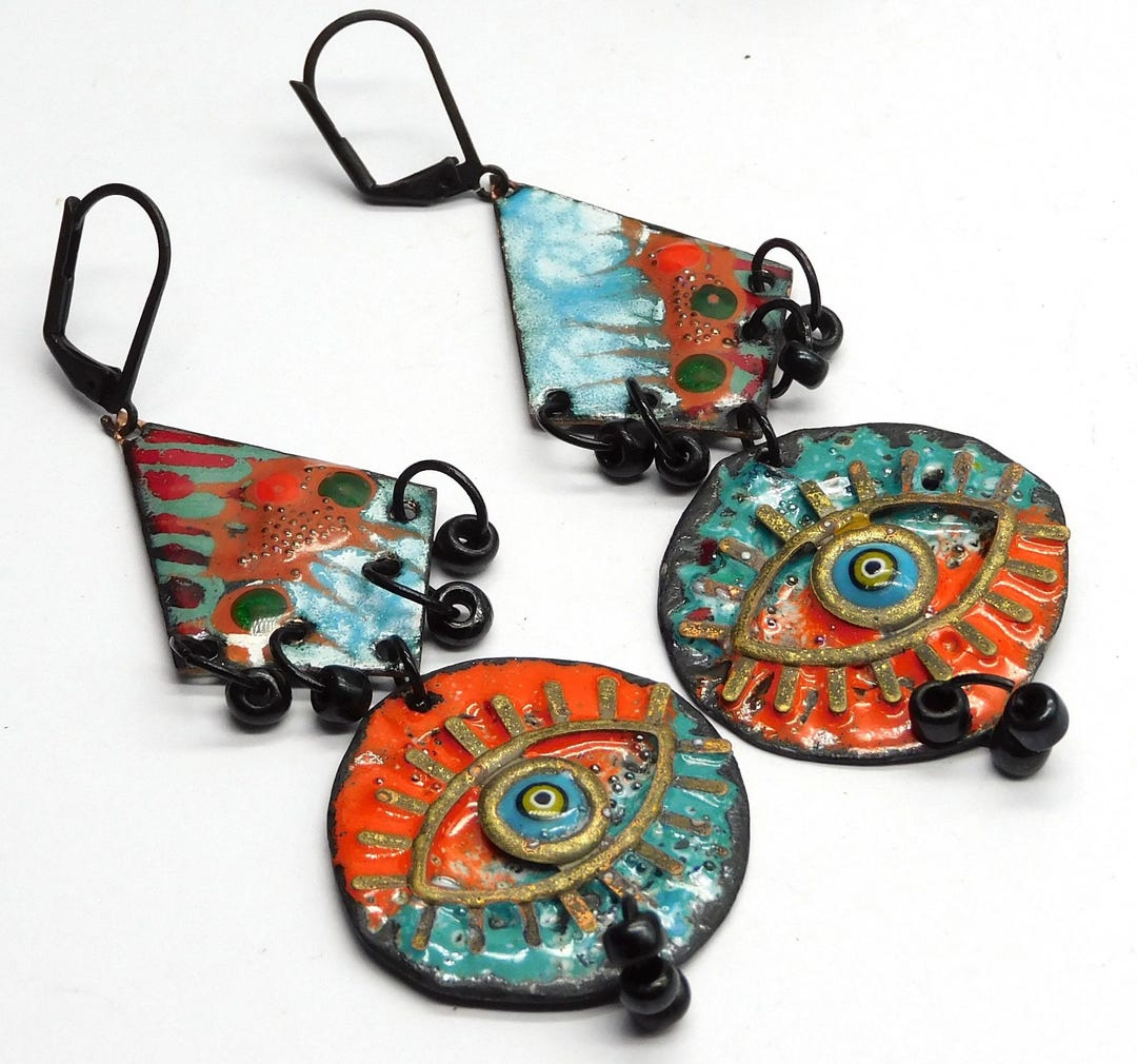BEAUTIFUL ENAMELED COPPER 1 of a Kind Long Dramatic Statement Earrings ...