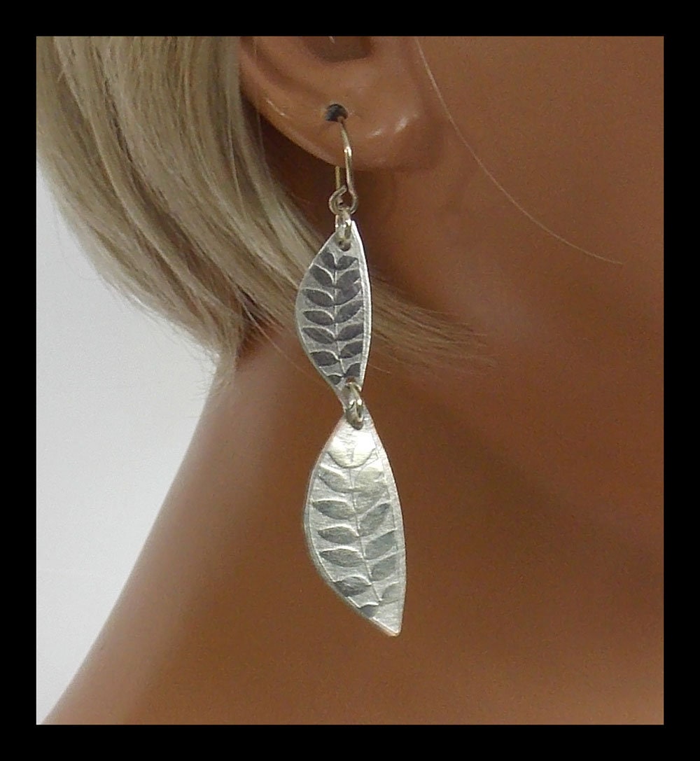 SILVER LEAVES - Handforged Embossed Pewter Leaf Branches Long Earrings ...