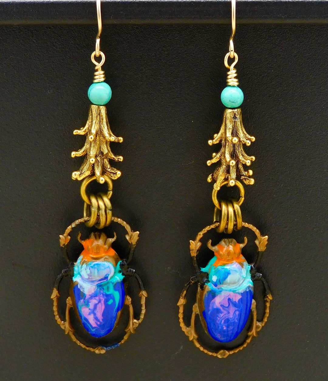 EGYPTIAN SCARAB Vintage Enameled Scarabs Fancy Brass Beadcaps Tiny ...