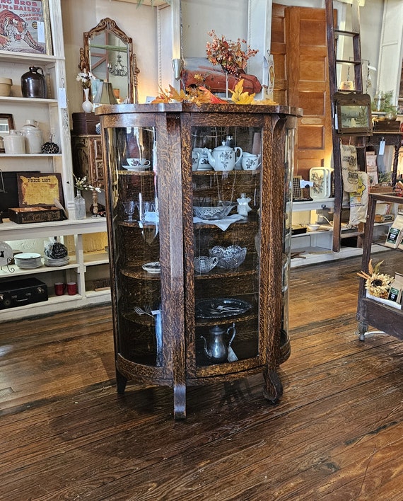 Vintage Curved Glass Curio Cabinet Etsy