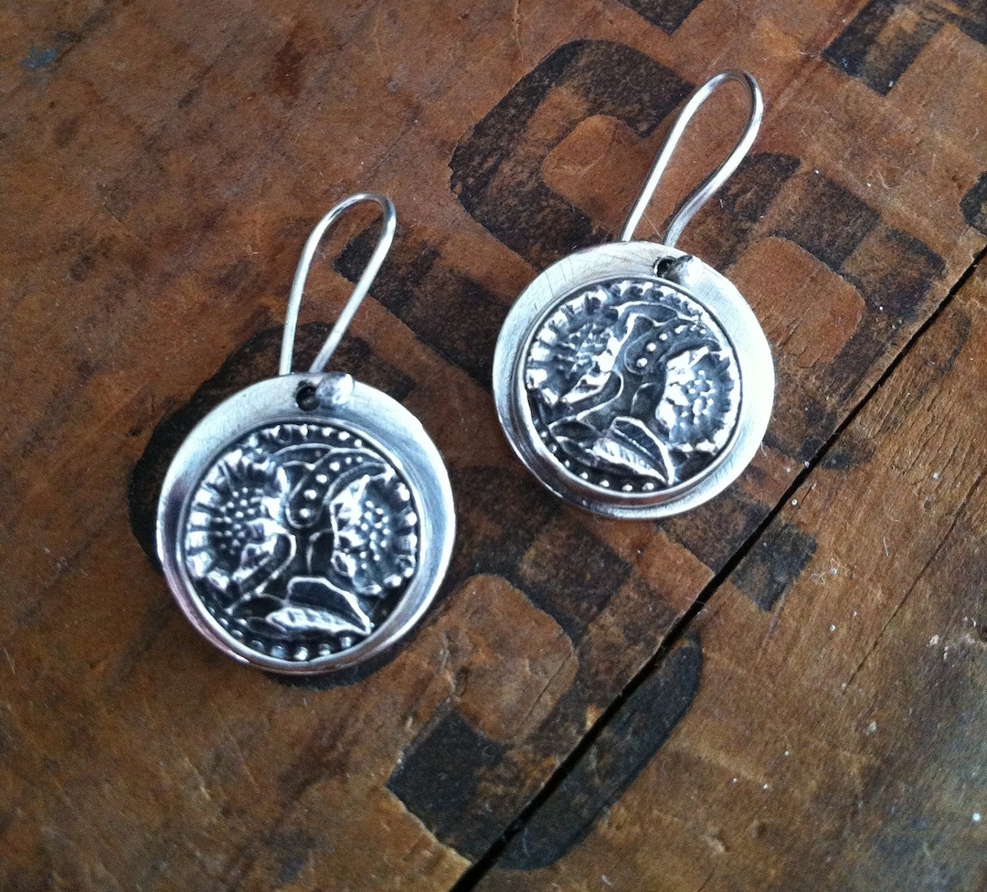 Silver Button Sunflower Earrings - Etsy