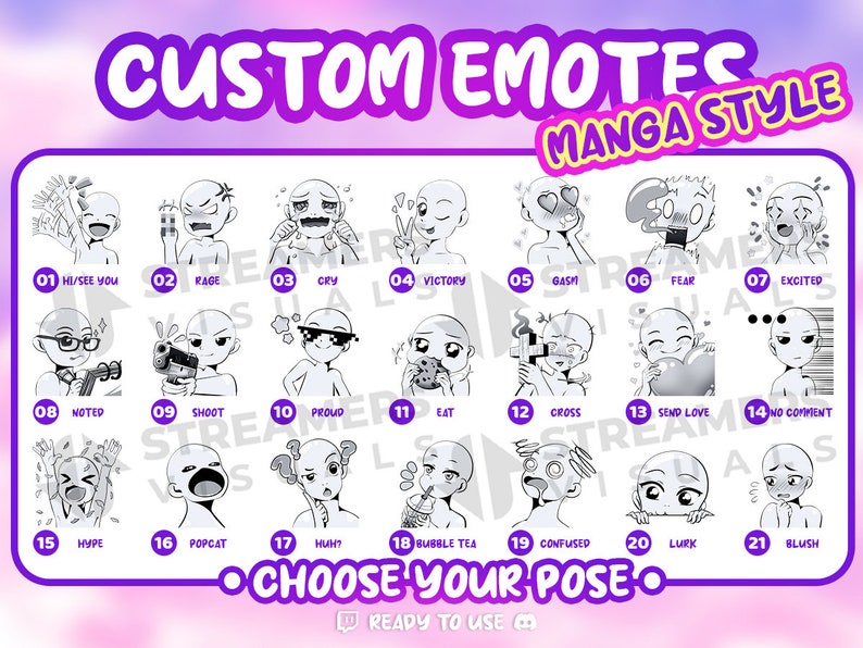 Custom Emotes Manga Style 21 Pose Twitch Discord Emoji Kick Subscriber ...