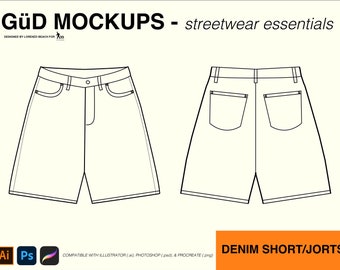 Streetwear Baggy Jean Shorts Jorts Denim Template Vector Mock Up, Tech ...