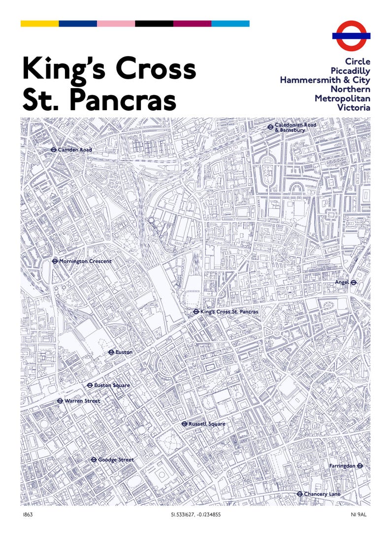 London Underground Minimalist Tube Map Kings Cross St Pancras Poster ...