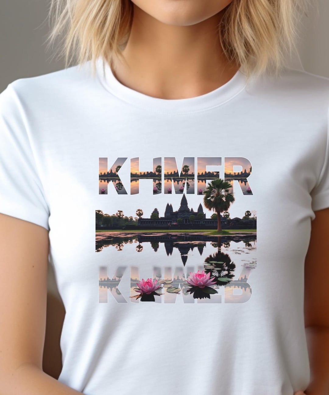 Angkor Wat Temple Sunset Reflection T-shirt, Lotus Flower Palm Tree ...