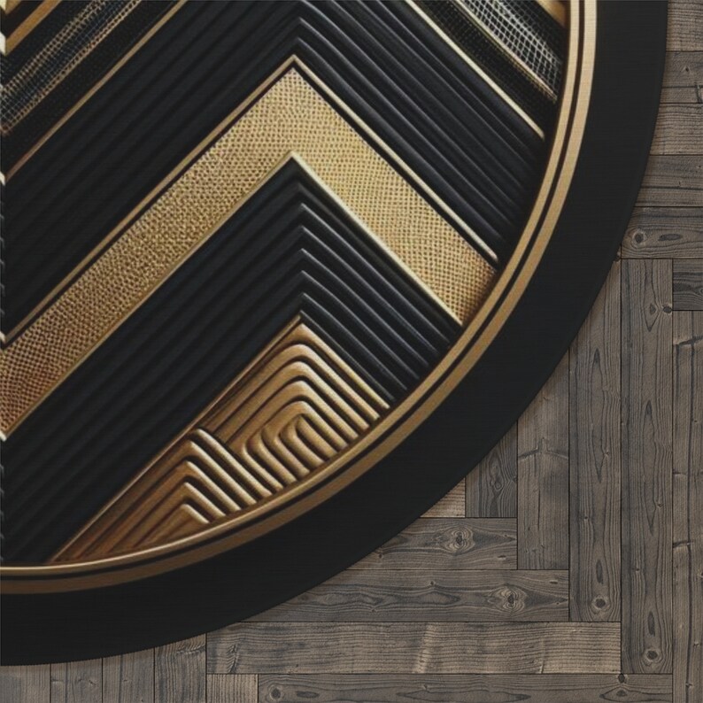 Stunning Black and Gold Geometric Circular Rug Elegant Non-slip Indoor ...