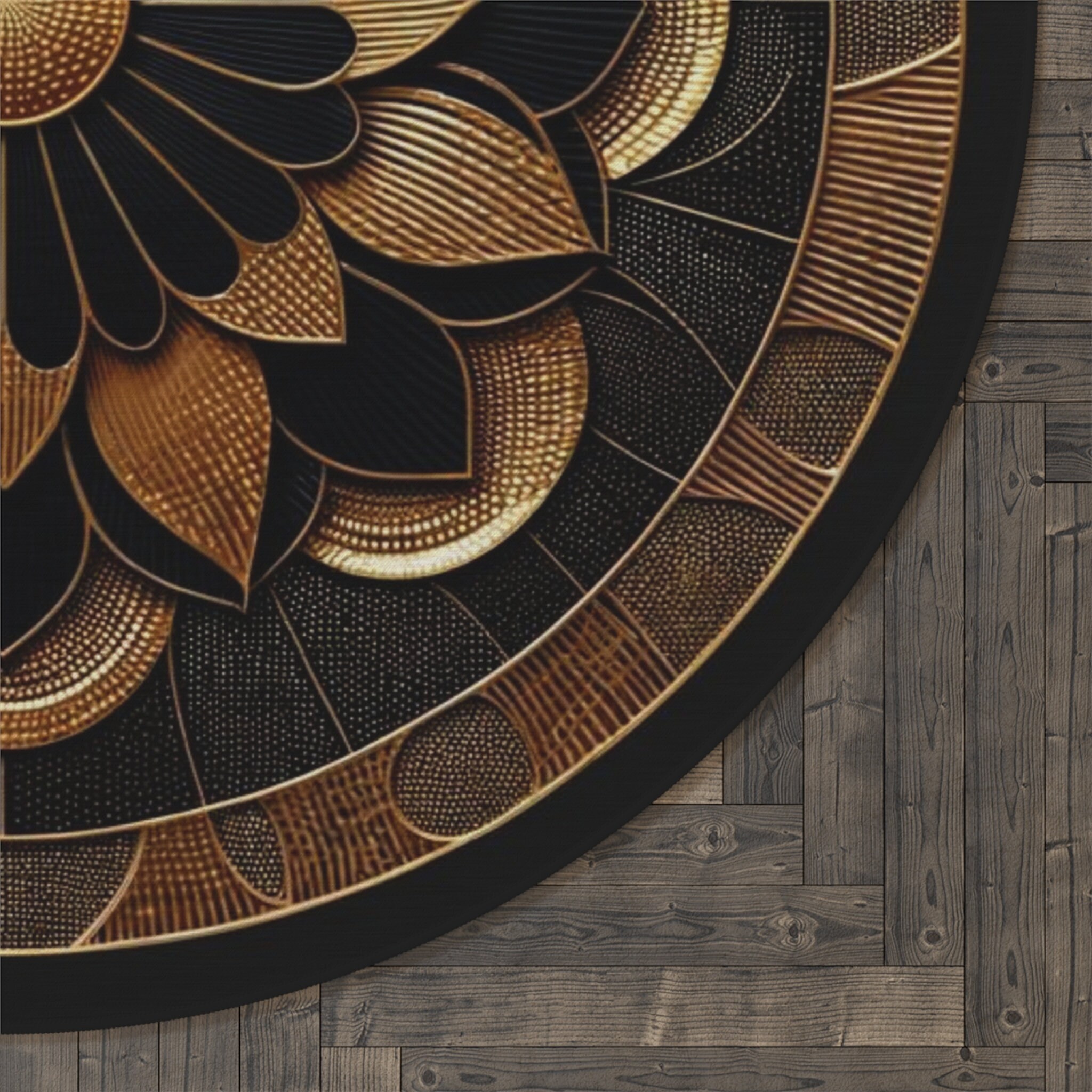 Luxurious Black and Gold Floral Circular Rug Modern Decorative Non-slip ...