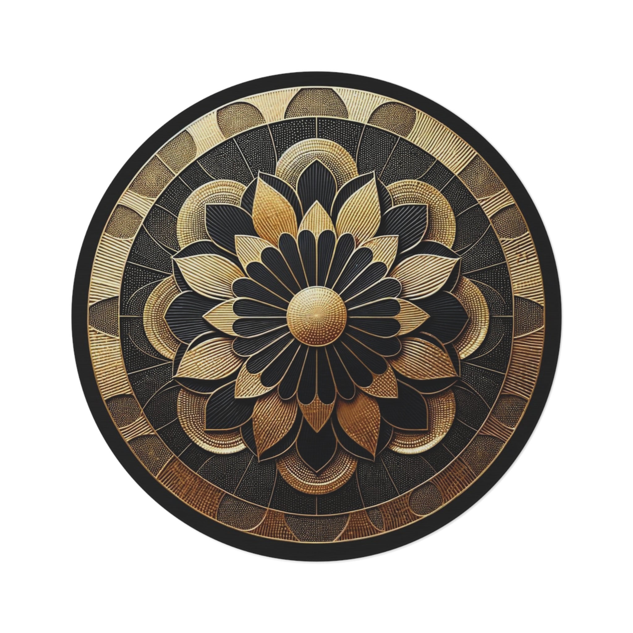 Luxurious Black and Gold Floral Circular Rug Modern Decorative Non-slip ...