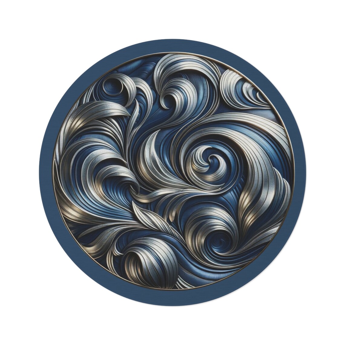 Spiral Blue and Silver Circular Rug Elegant Non-slip Luxury Indoor Rug ...