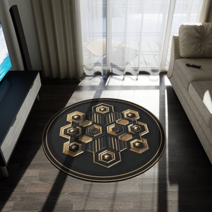 Modern Black and Gold Circular Rug Luxury Non-slip Indoor Decorative ...