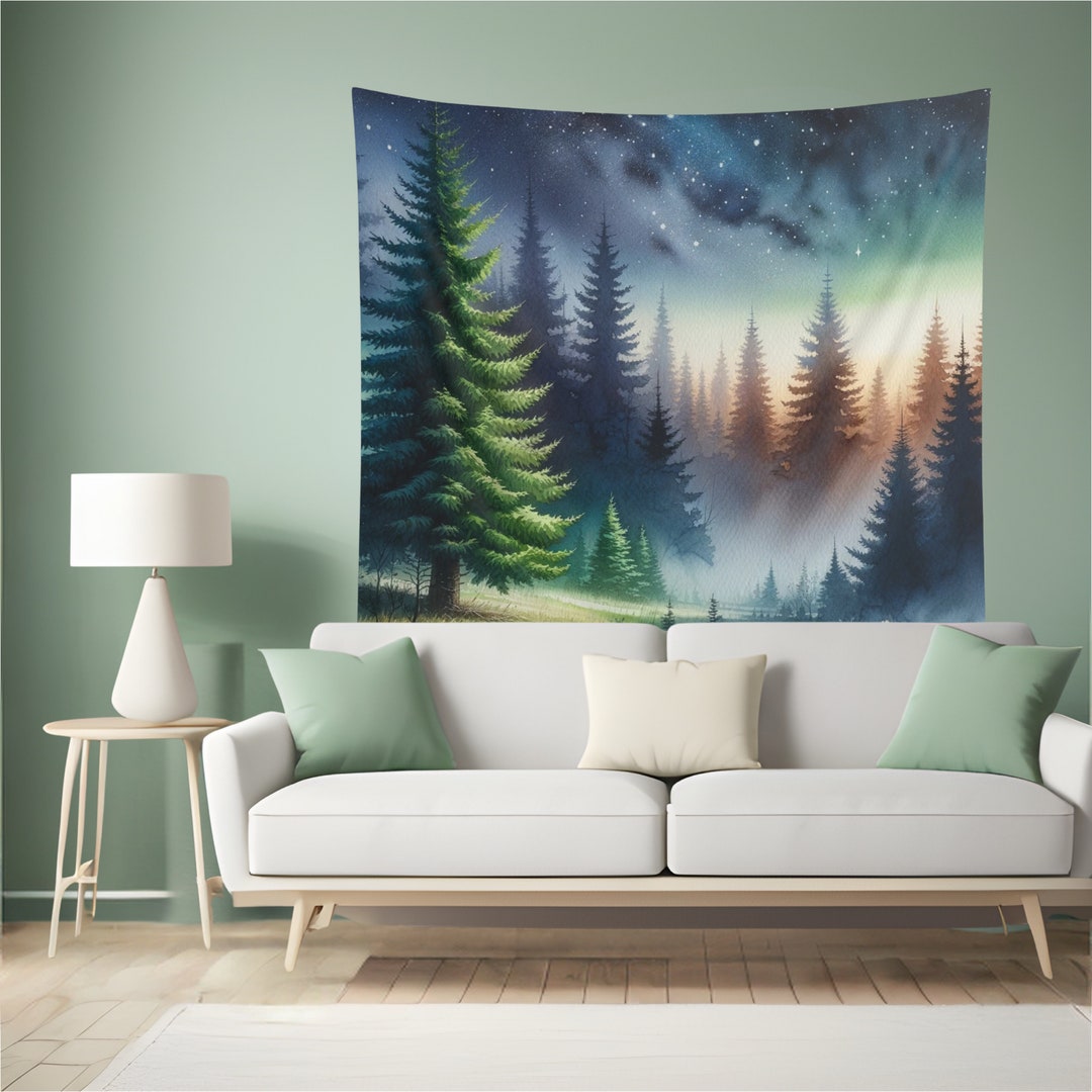 Enchanted Forest Watercolor Tapestry Northern Lights Pine Trees Wall ...
