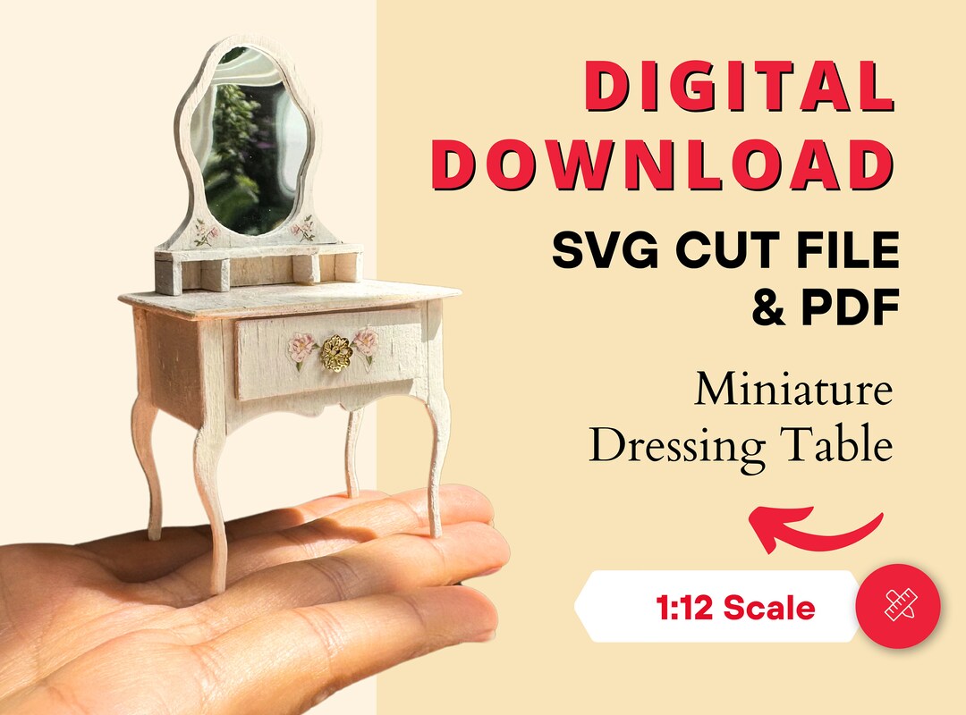 SVG Cut Files and PDF Template for 1:12 Scale Dollhouse Dressing Table ...