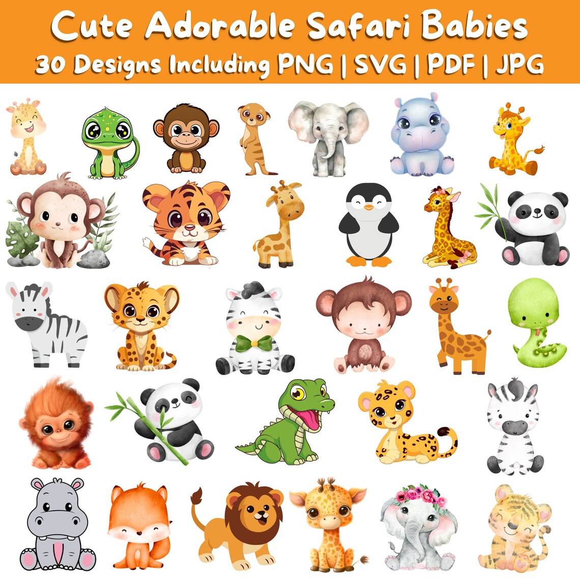 Safari Animal Clipart, Baby Safari Family Bundles, Baby Animals PNG ...