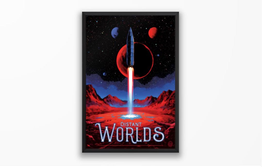 Distant Worlds Retro Space Themed Poster Featuring Spaceship Launching ...