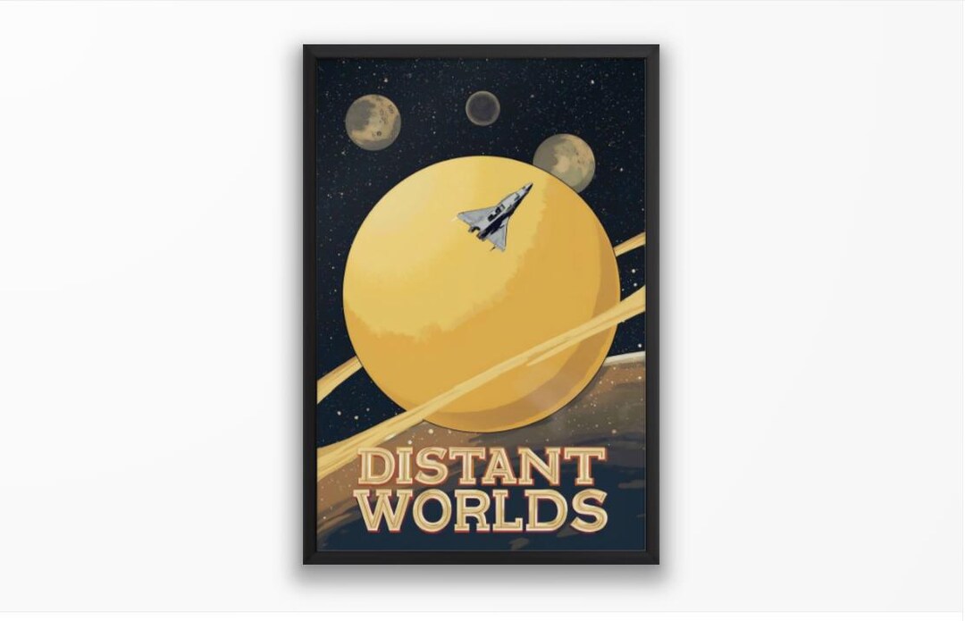 Distant Worlds Retro Space Themed Poster Featuring Spaceship Across ...