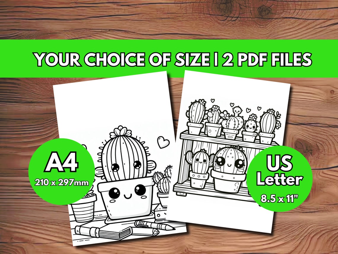 Cute KAWAII CACTI Printable Coloring Pages for Kids & Adults Relaxing Art Therapy. Adorable ...