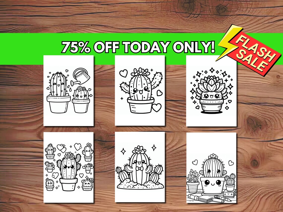 Cute KAWAII CACTI Printable Coloring Pages for Kids & Adults Relaxing Art Therapy. Adorable ...