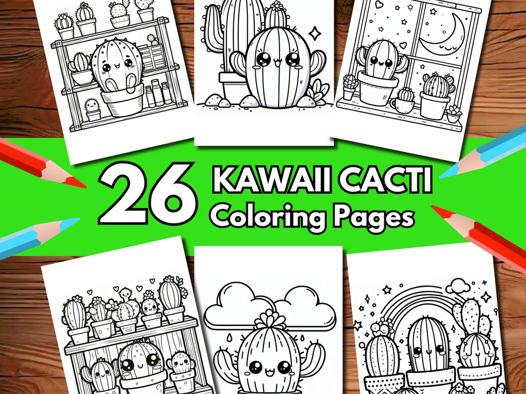 Cute KAWAII CACTI Printable Coloring Pages for Kids & Adults Relaxing ...