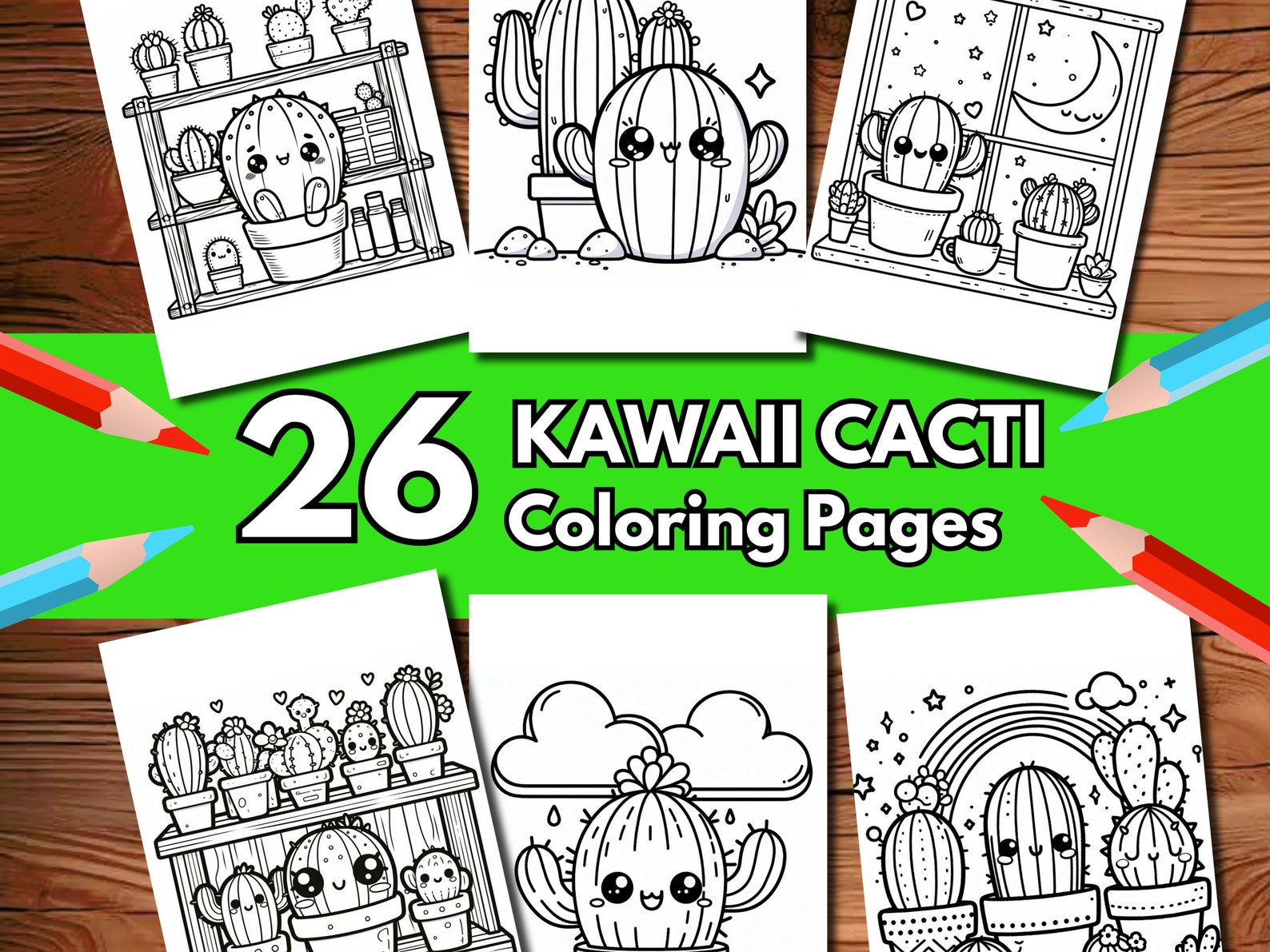 Cute KAWAII CACTI Printable Coloring Pages for Kids & Adults Relaxing ...