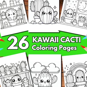 Cute KAWAII CACTI Printable Coloring Pages for Kids & Adults Relaxing ...