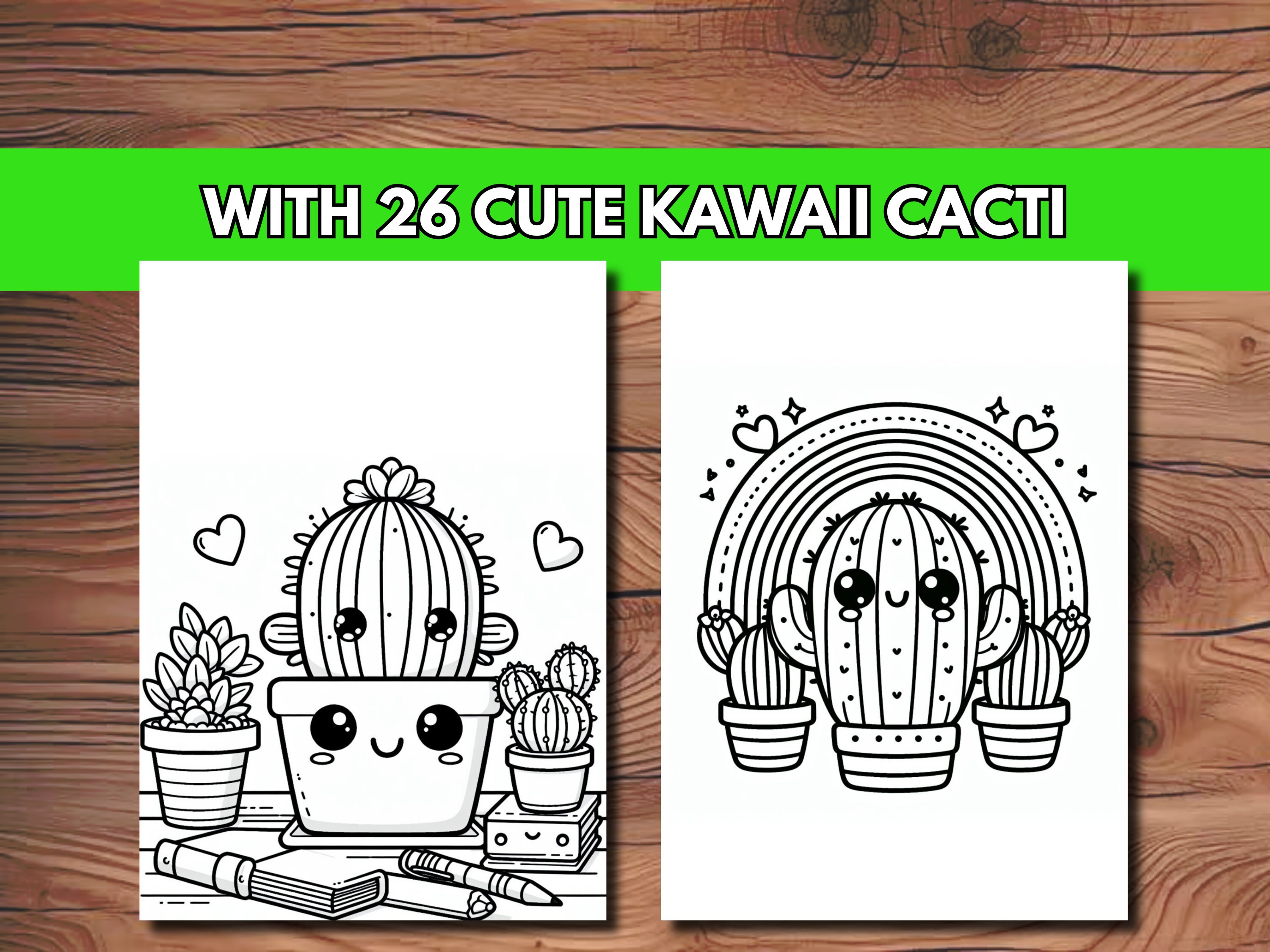 Cute KAWAII CACTI Printable Coloring Pages for Kids & Adults Relaxing Art Therapy. Adorable ...