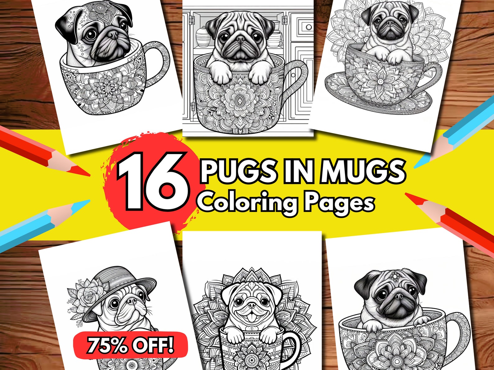 PUGS IN MUGS! | Printable Coloring Pages, Adult Coloring Book, Mindful ...