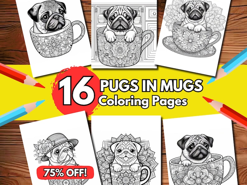 PUGS IN MUGS! | Printable Coloring Pages, Adult Coloring Book, Mindful ...