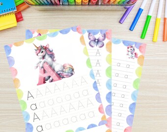 Alphabet Tracing Unicorn Letter Writing Practice Worksheet Instant ...