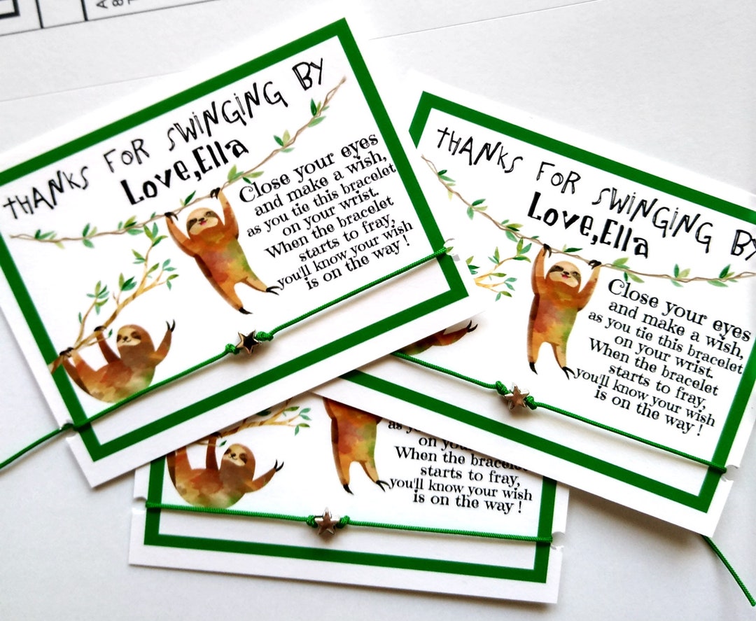 Sloth Theme Party Favors, Wish Bracelets, Custom Personalized Birthday ...
