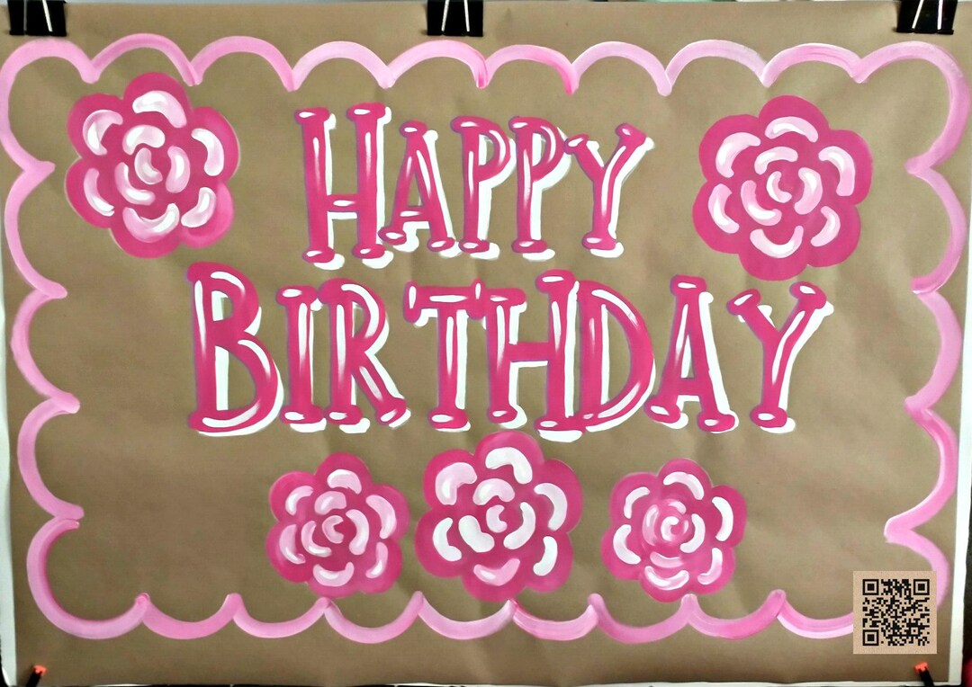 Coquette Birthday Banner, Painted Pink Flower Birthday Banners, Paper ...