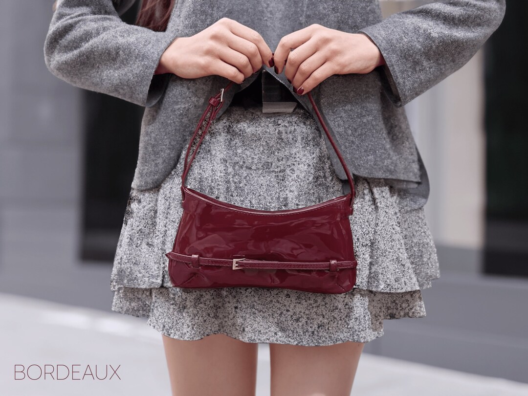 Chic Cherry Red Patent Leather Bag - Burgundy Glossy Baguette Bag ...