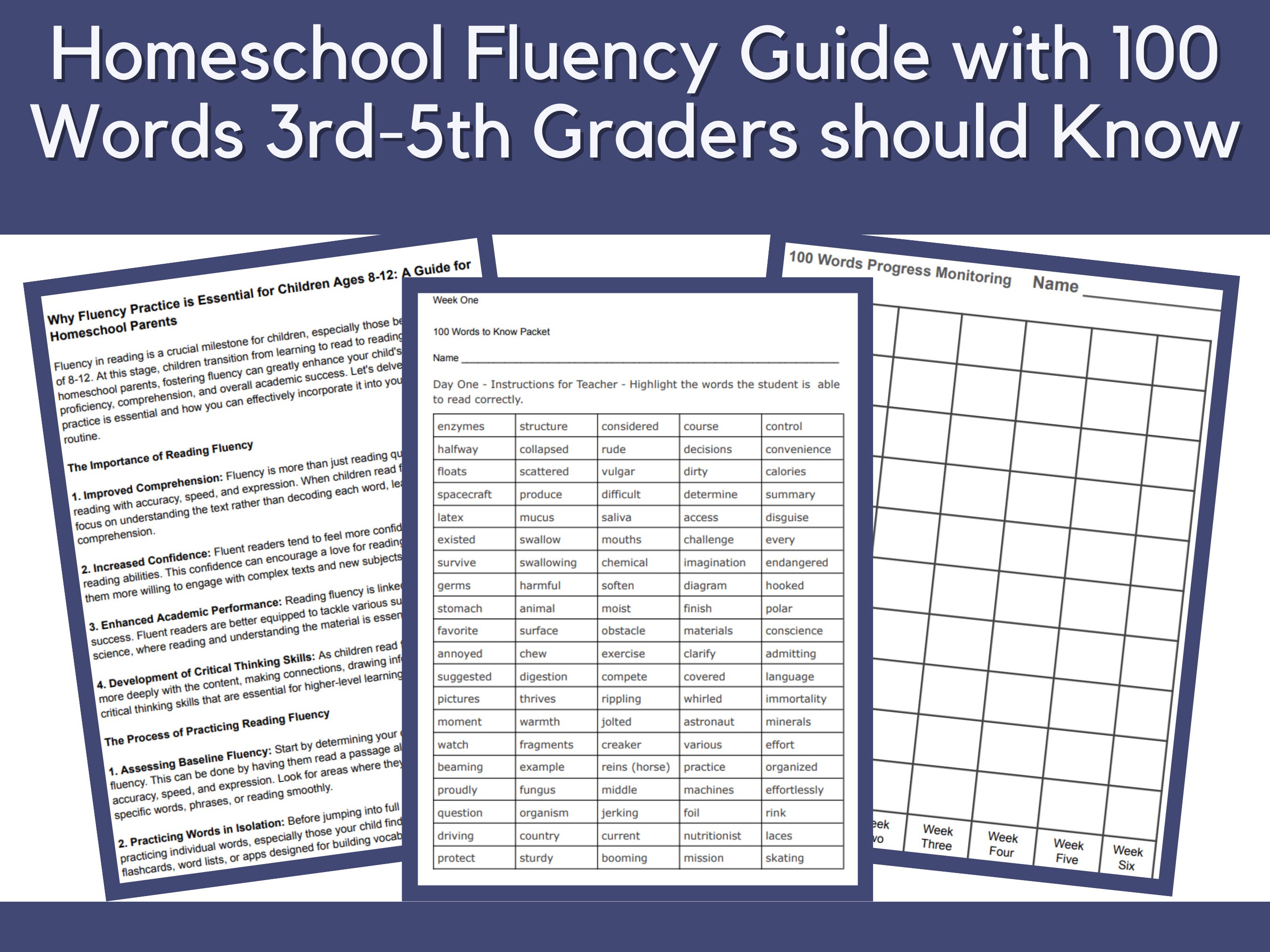 Homeschool Guide for Reading Fluency 3rd Grade to 5th Grade 100 Words ...