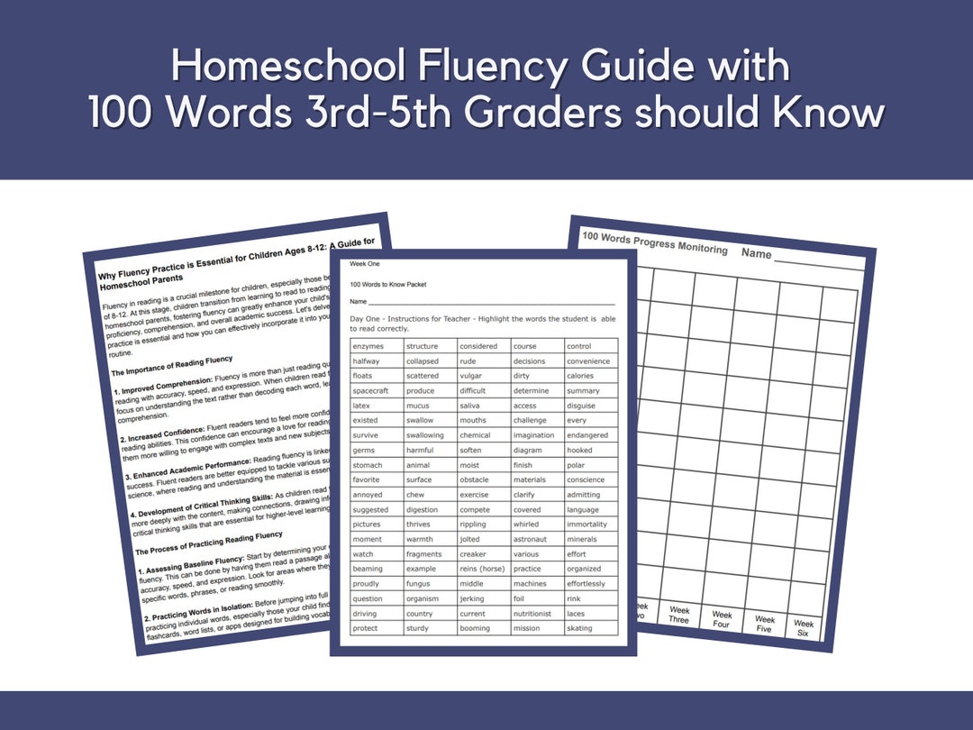 Homeschool Guide for Reading Fluency 3rd Grade to 5th Grade 100 Words ...