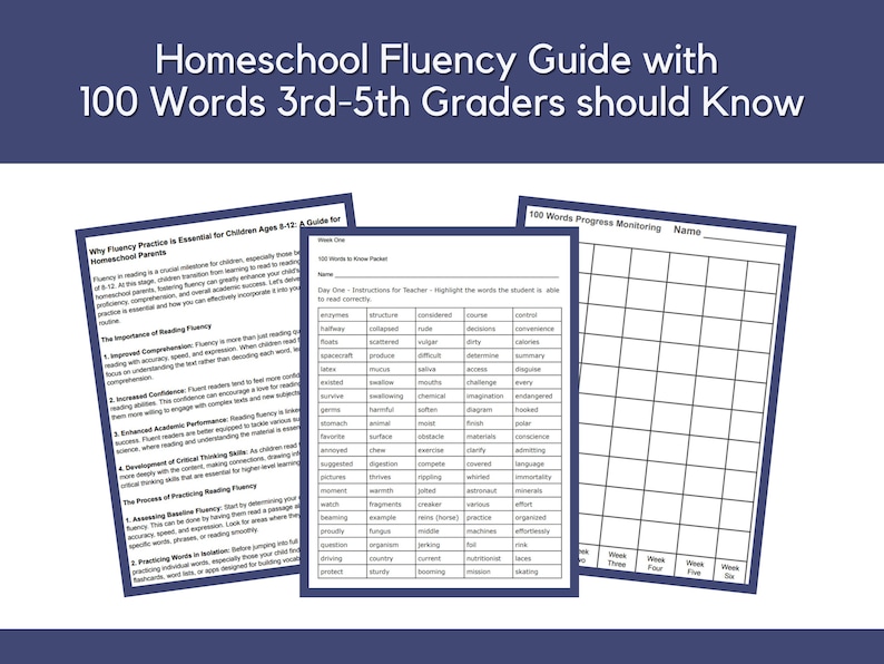 Homeschool Guide for Reading Fluency 3rd Grade to 5th Grade 100 Words ...
