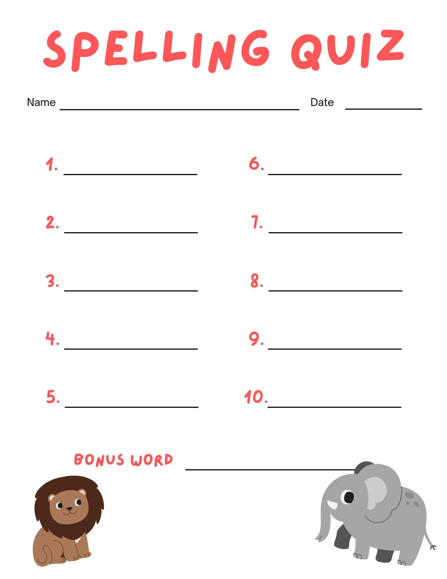 Spelling Quiz Printout for Elementary School - Etsy