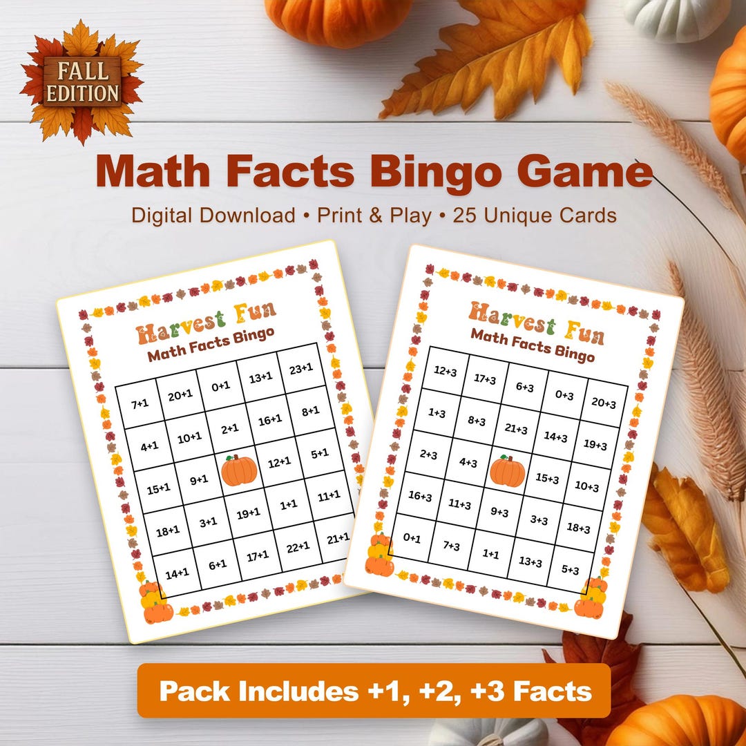 Fall Math Bingo Game – Addition Facts 1-3, Classroom Activity (digital ...