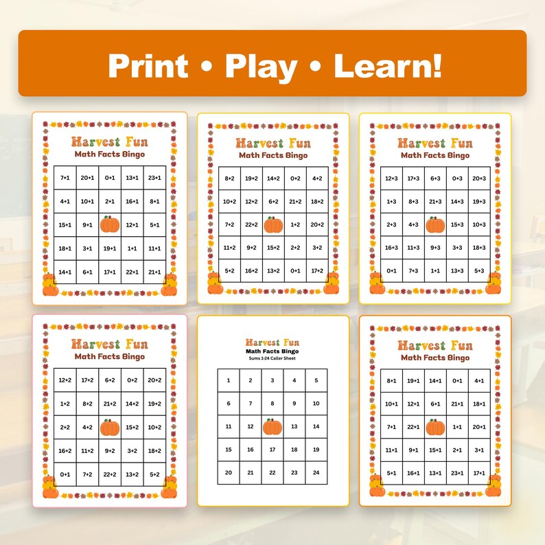 Fall Math Bingo Game – Addition Facts 1-3, Classroom Activity (digital ...