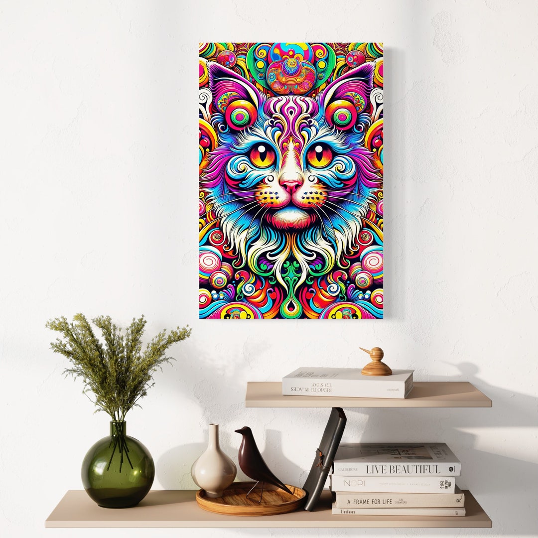 Psychedelic Cat Poster - Cat Lover Gift, Home Decor Cat Illustration ...