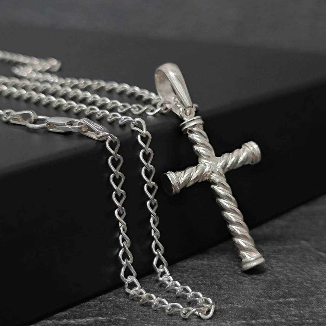 Mens Twisted Cross Pendant Necklace Handmade Sterling Silver Cross ...