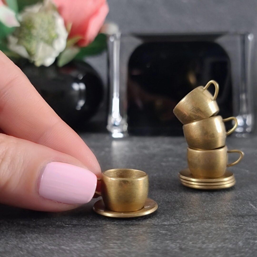 Set of 4 Vintage Brass Miniature Tea Cup and Saucer Dollhouse Miniature ...
