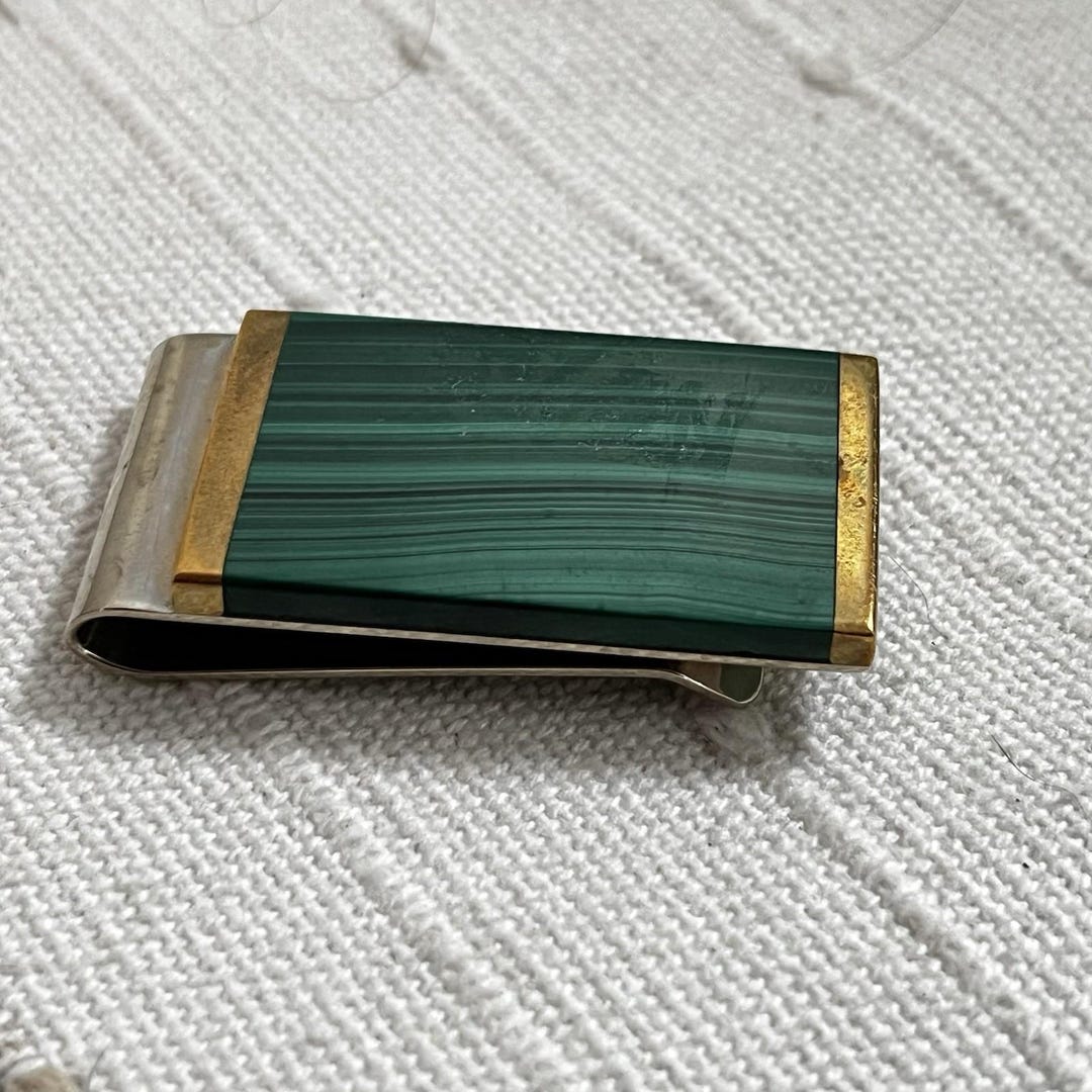 Vintage Malachite Stone Money Clip Unmarked Mixed Metal Mens Accessory ...