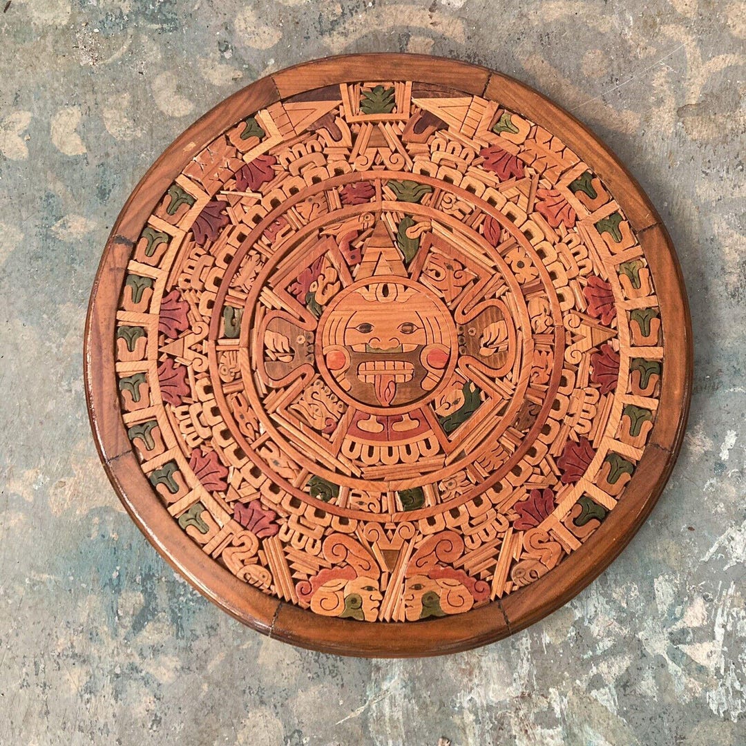 Vintage Aztec Mayan Wooden Calendar Wall Art Hand Carved Inlay Mosiac ...