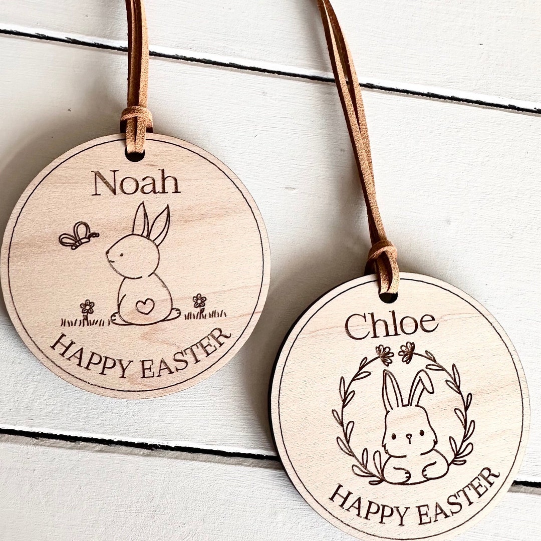 Personalised Easter Wood Decoration Name Gift Tags Tag Bunny Rabit ...