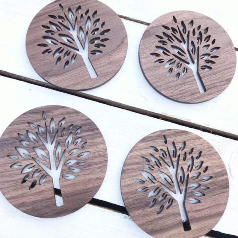 Wooden Tree Coasters Oak & Walnut Laser Cut Design - Etsy UK