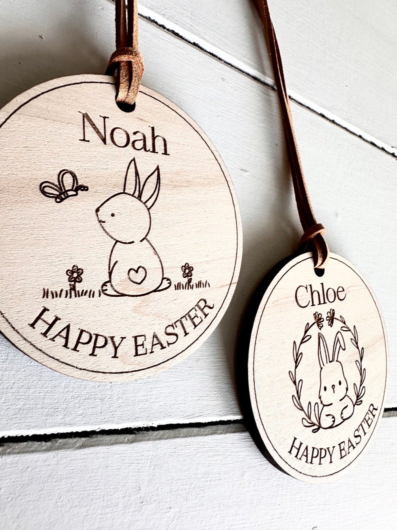 Personalised Easter Wood Decoration Name Gift Tags Tag Bunny Rabit ...
