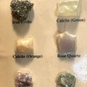 Vintage Mineral Identification Chart With Real Minerals Pyrite, Rose ...