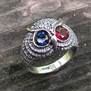 Owl Ring With Sapphire and Garnet Eyes in Sterling Silver - Etsy